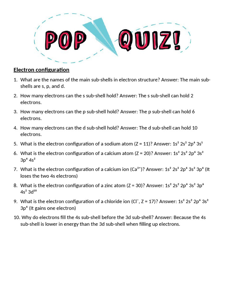 Pop Quiz 4 Electron Configuration | PDF