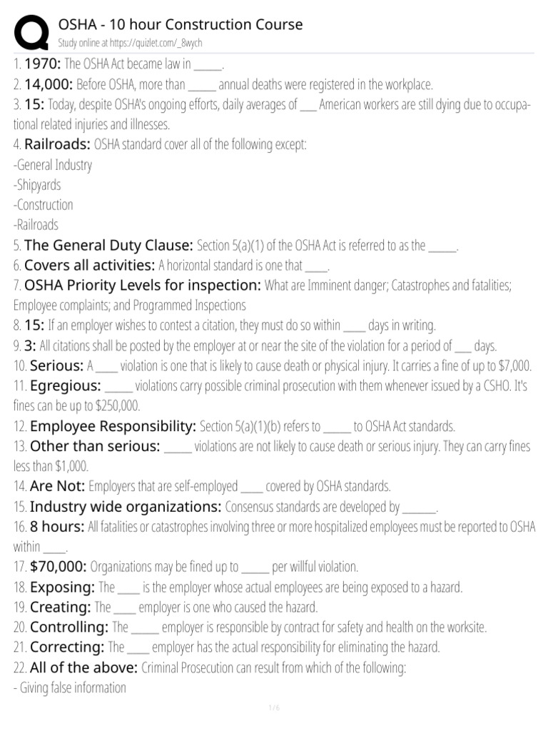 OSHA 10-Hour Construction Course Guide | PDF | Occupational Safety And ...