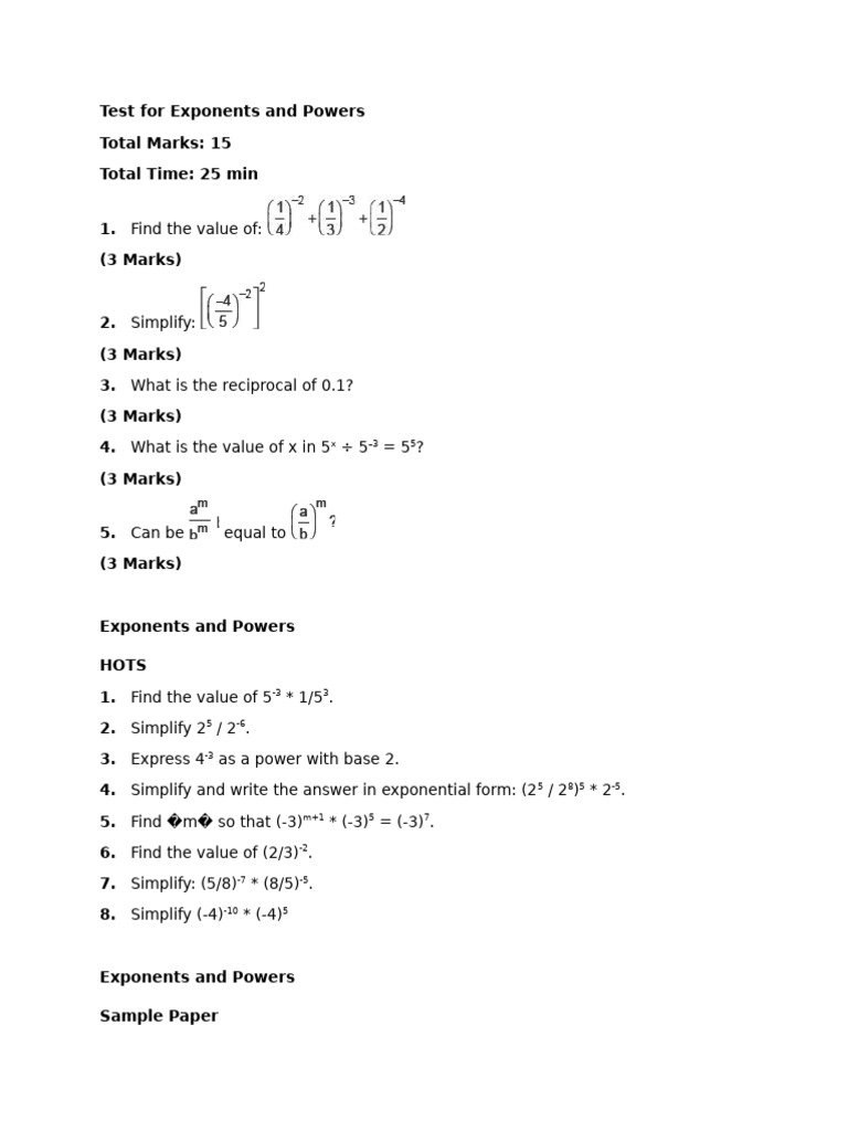 Exponents and Powers Test Paper | PDF