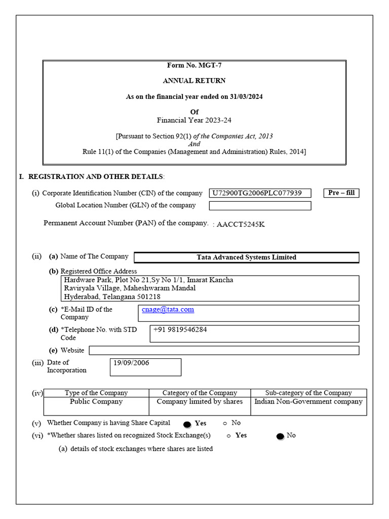 Tata Advanced Systems Annual Return 2024 | PDF | Securities (Finance ...