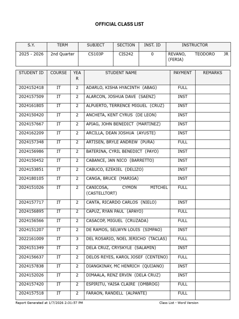Official Class List for IT 2nd Quarter | PDF