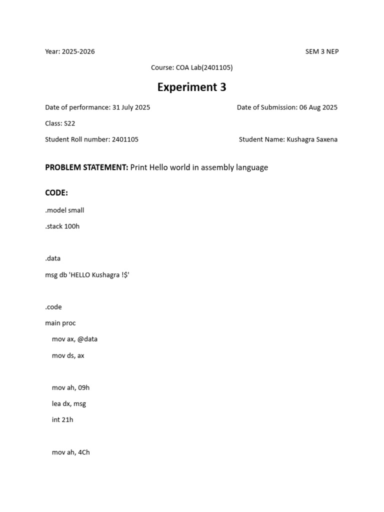 Assembly Language Lab Experiments 2025 | PDF