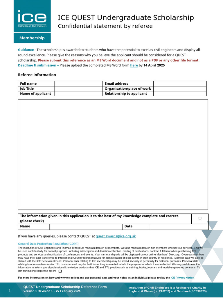 QUEST Undergraduate Scholarship Reference Form | PDF