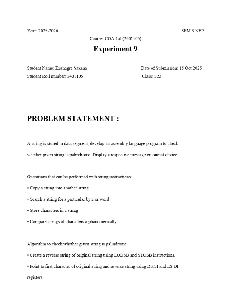 COA Experiment 9 | PDF | String (Computer Science) | Bios