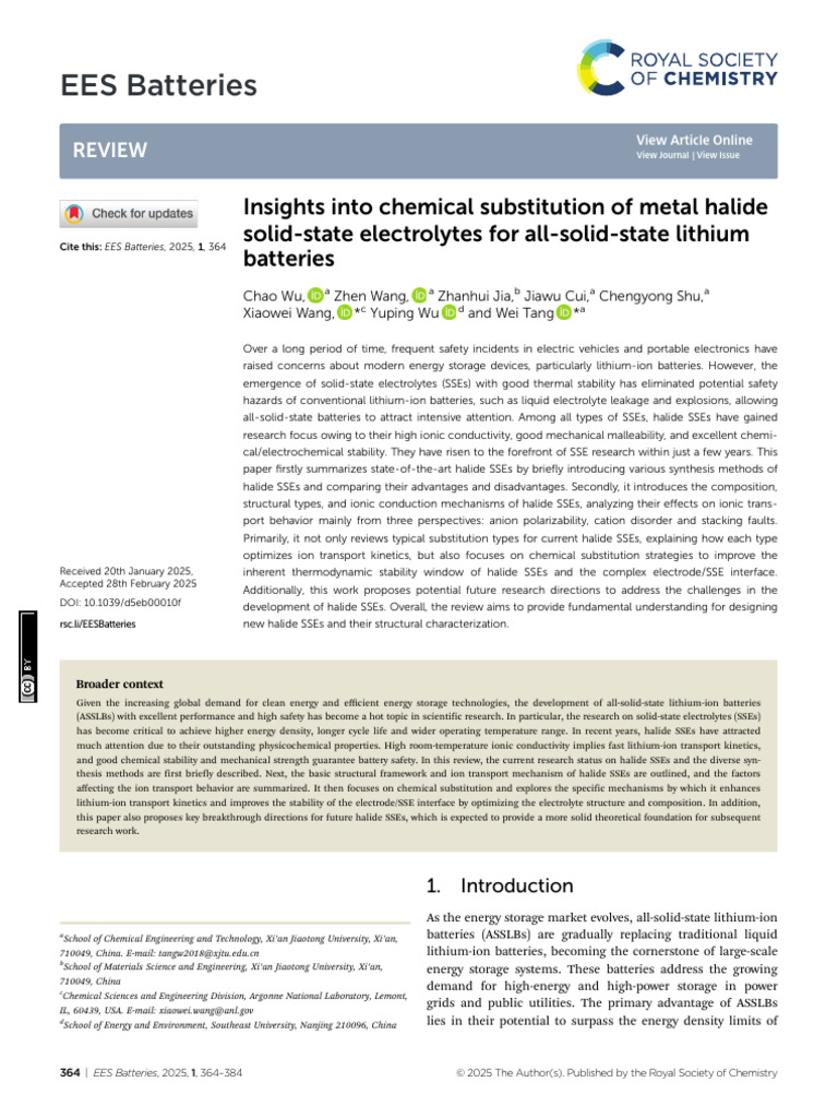 Halide Solid-State Electrolytes Review | PDF | Lithium Ion Battery | Ion