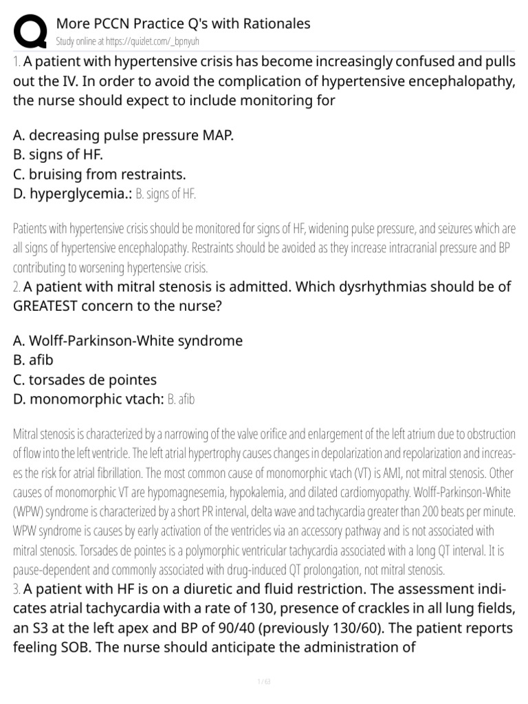 PCCN Practice Questions with Rationales | PDF | Myocardial Infarction ...