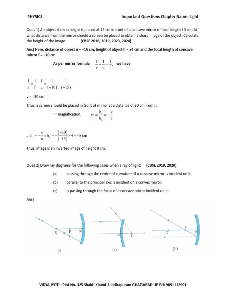 LIGHT Important Questions | PDF | Applied And Interdisciplinary Physics ...