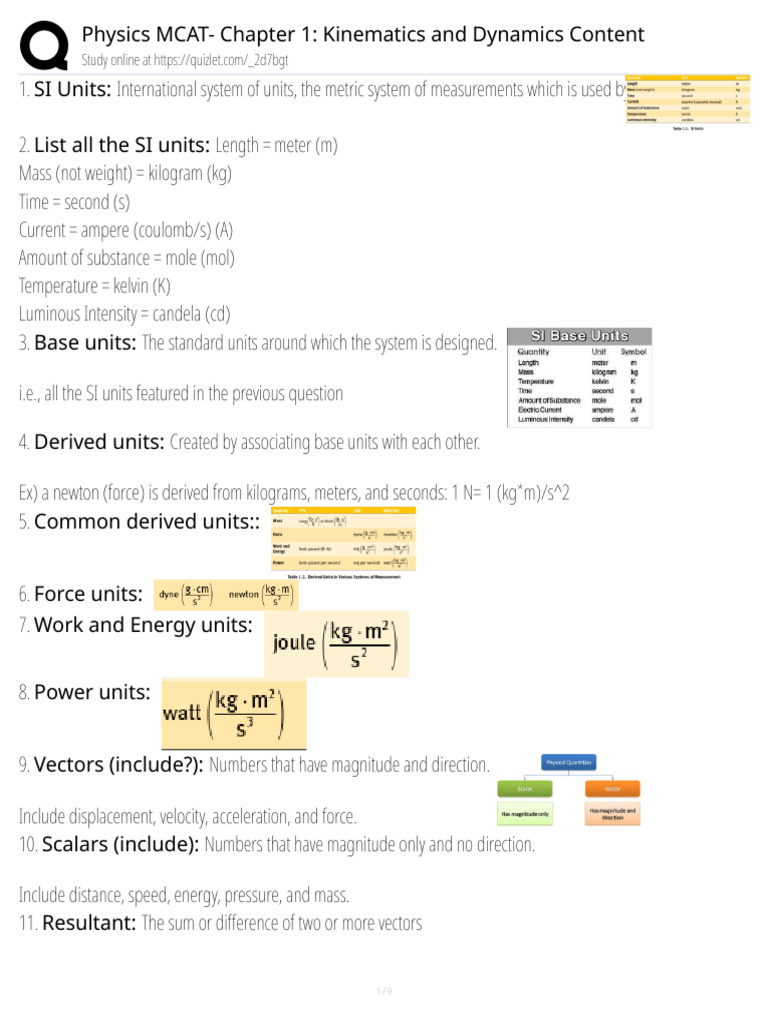 Physics MCAT- Chapter 1 Kinematics and Dynamics Content | PDF | Force ...