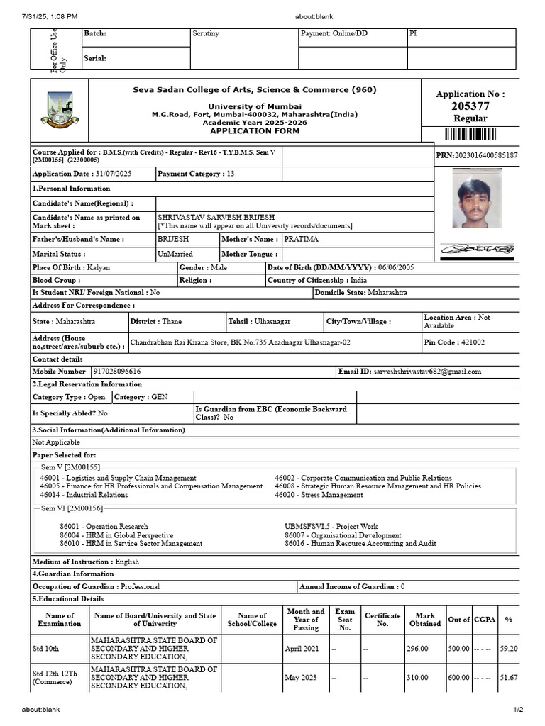 B.M.S. Application Form 2025-2026 | PDF | Human Resource Management