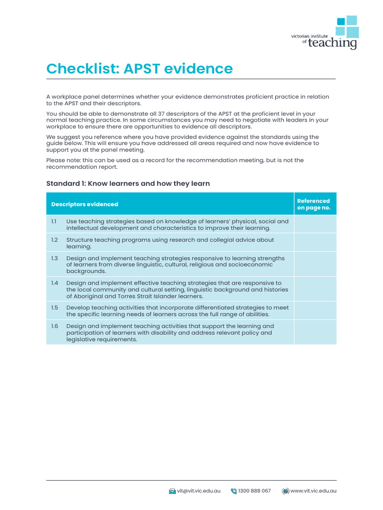 Document APST Evidence Checklist | PDF | Educational Assessment | Learning