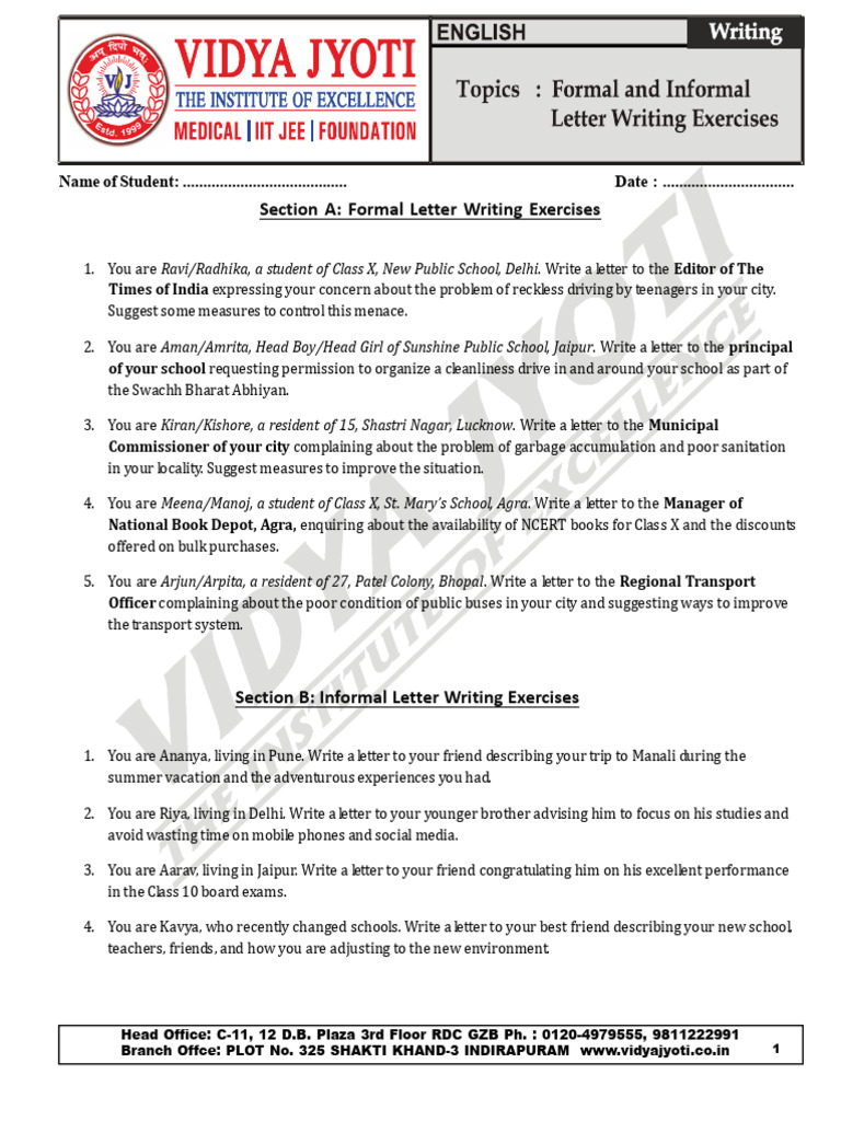Letter Writing Exercises for Students | PDF