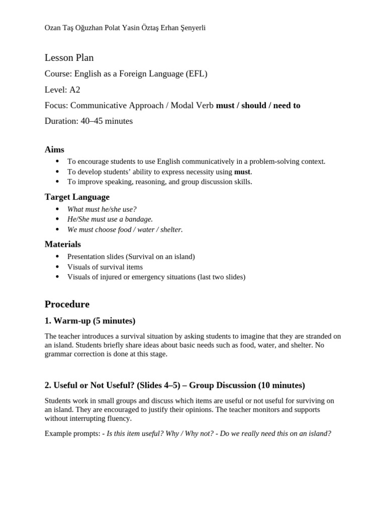 EFL Lesson Plan: Modal Verbs Must/Should | PDF | Communication ...