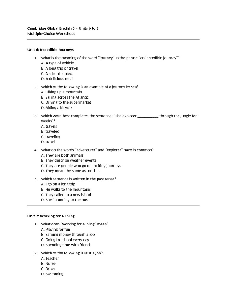 Cambridge Global English 5: Units 6-9 Worksheet | PDF