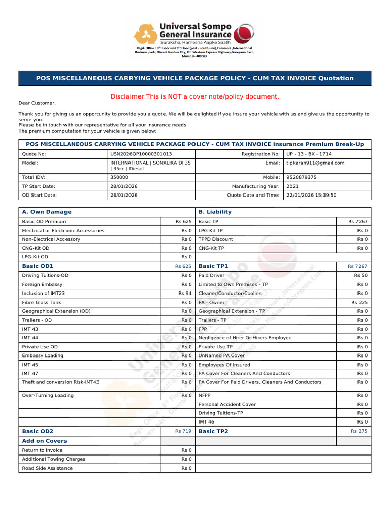 Vehicle Insurance Quote Breakdown | PDF | Insurance