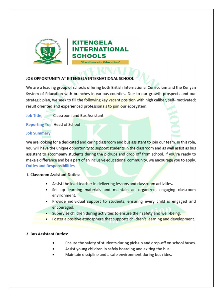 Job Advert Classroom and Bus Assistant | PDF | Classroom | Teachers