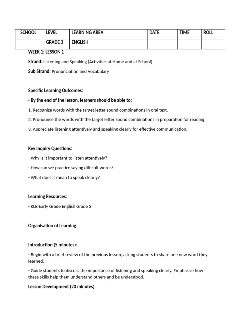 17699 Grade 3 Rationalized English Lesson Plans Term 1 | PDF | Reading ...