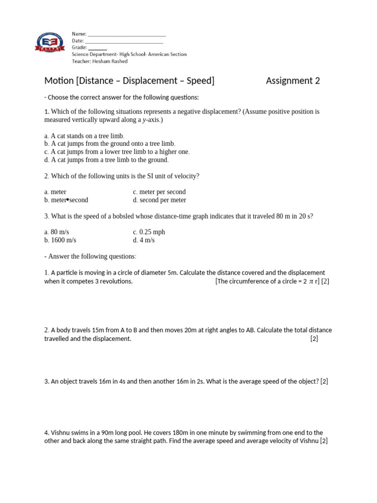 Motion: Distance, Displacement, Speed Quiz | PDF
