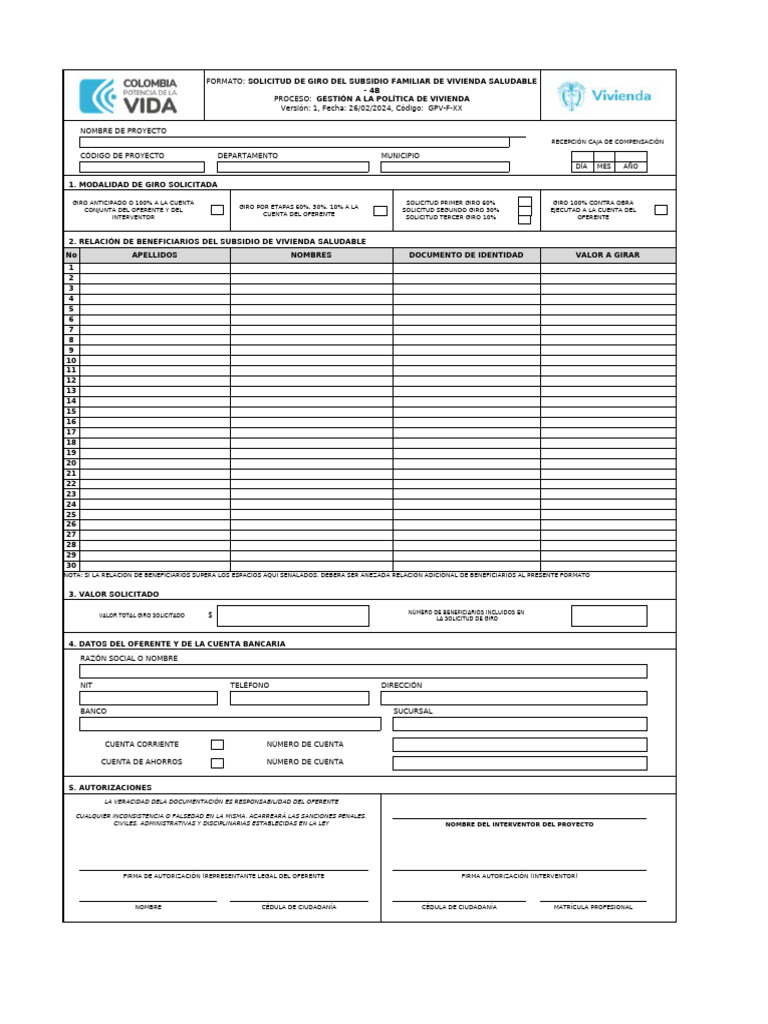 Anexo 04b. Gpv f Xx Solicitud de Giro Vivienda Saludable | PDF