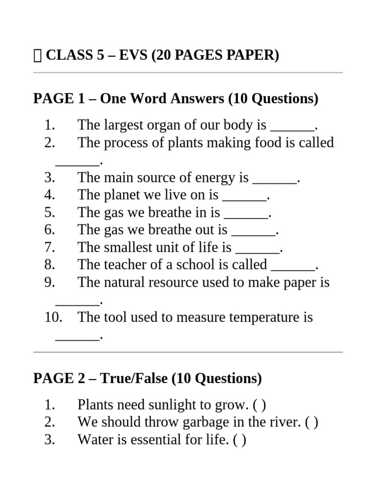 ? Class 5 Evs Test | PDF | Water | Foods