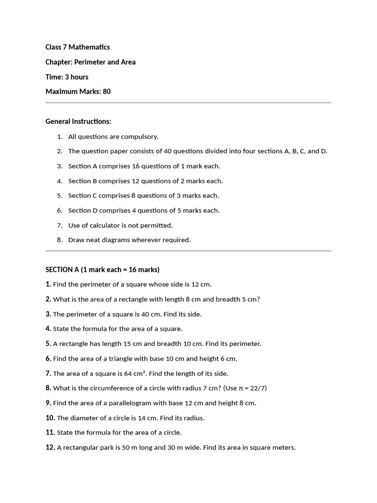 Perimeter and Area Question Paper | PDF | Area | Rectangle