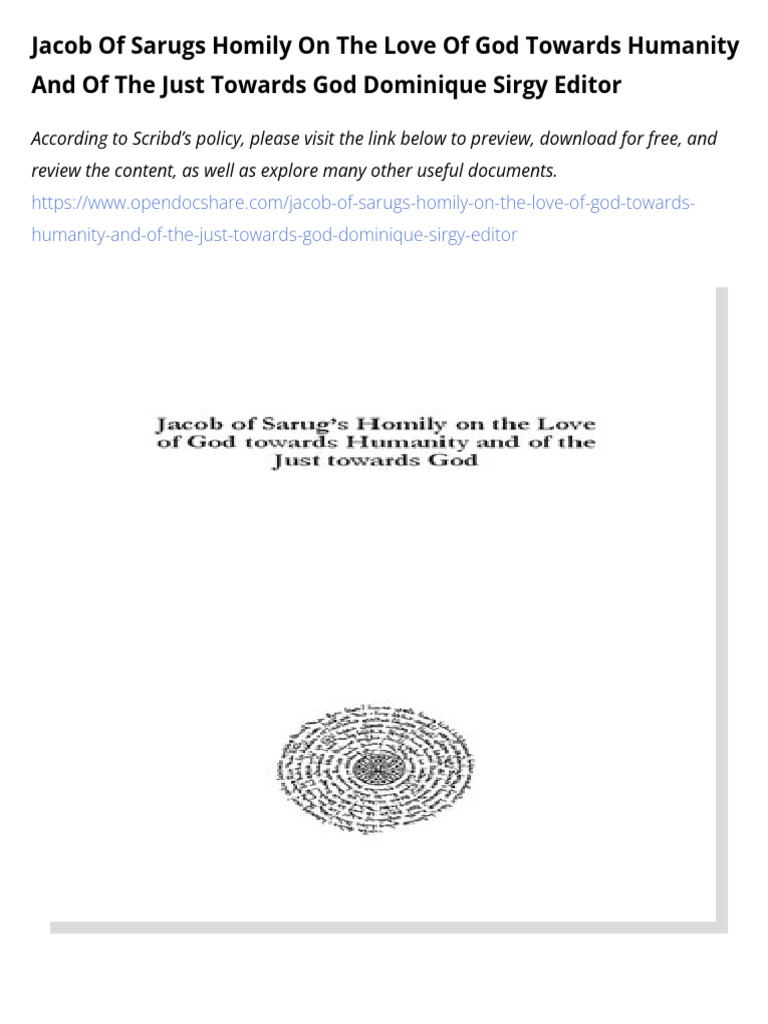 Jacob Of Sarugs Homily On The Love Of God Towards Humanity And Of The ...