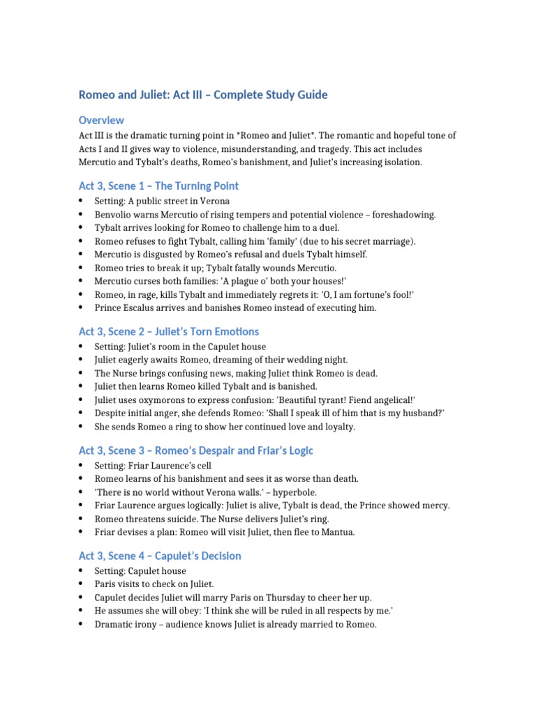 Romeo and Juliet Act III Study Guide | PDF | Characters In Romeo And ...