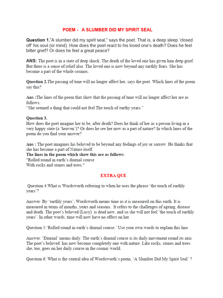 Wordsworth's "A Slumber Did My Spirit Seal" Analysis | PDF | Poetry
