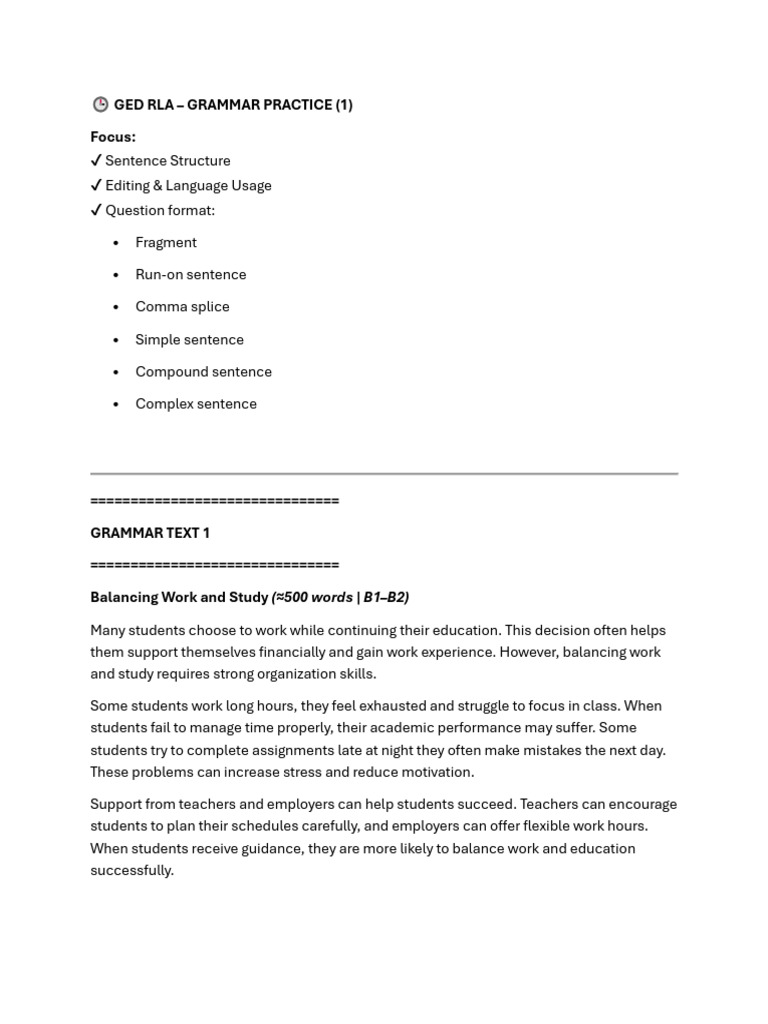 ? GED RLA Grammar Test 1 | PDF | Sleep | Communication