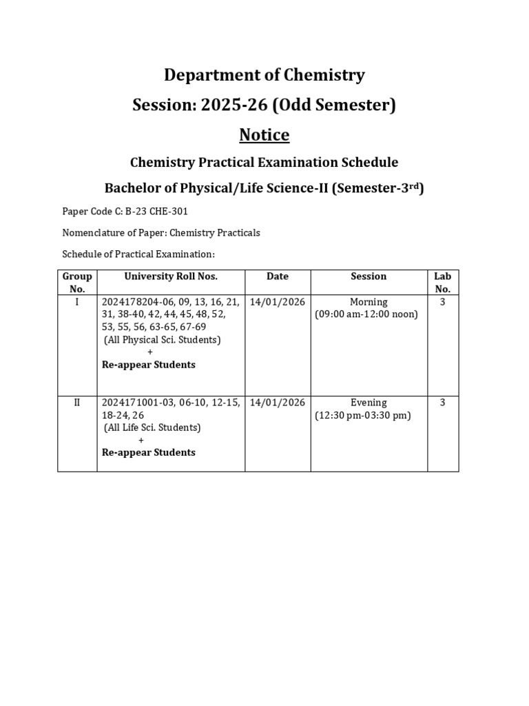 Chemistry Practical Exam Schedule 2025-26 | PDF