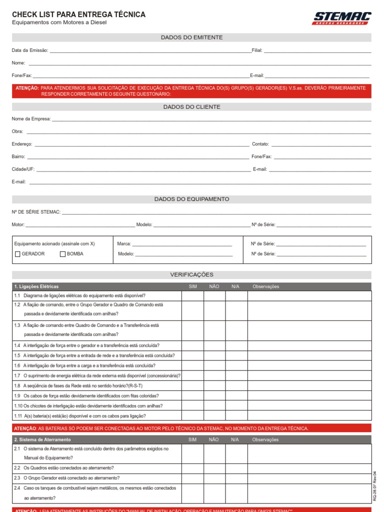 Check List para Entrega Técnica de Equipamentos | PDF | Óleo de motor ...