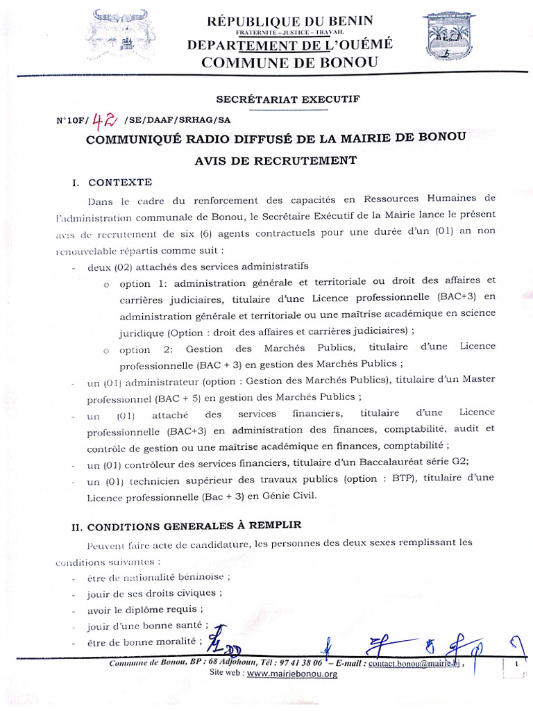 Avis de Recrutement Mairie Bonou | PDF