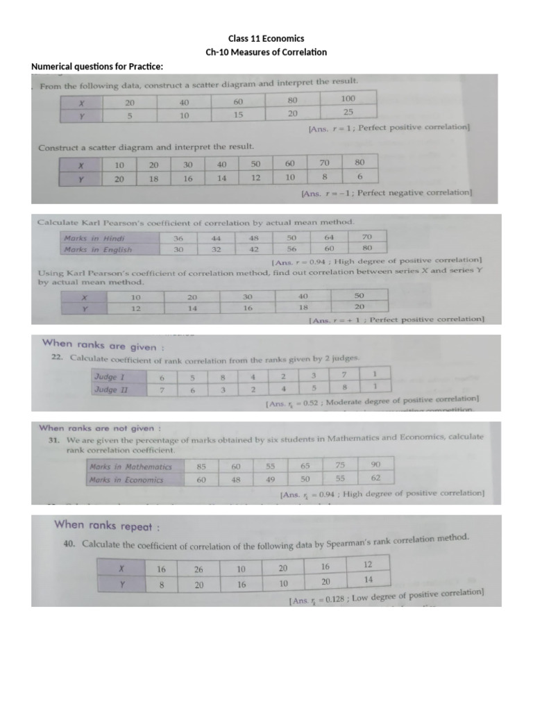 Stats Ch-10 Measures of Correlation - Numericals Revision Worksheet | PDF