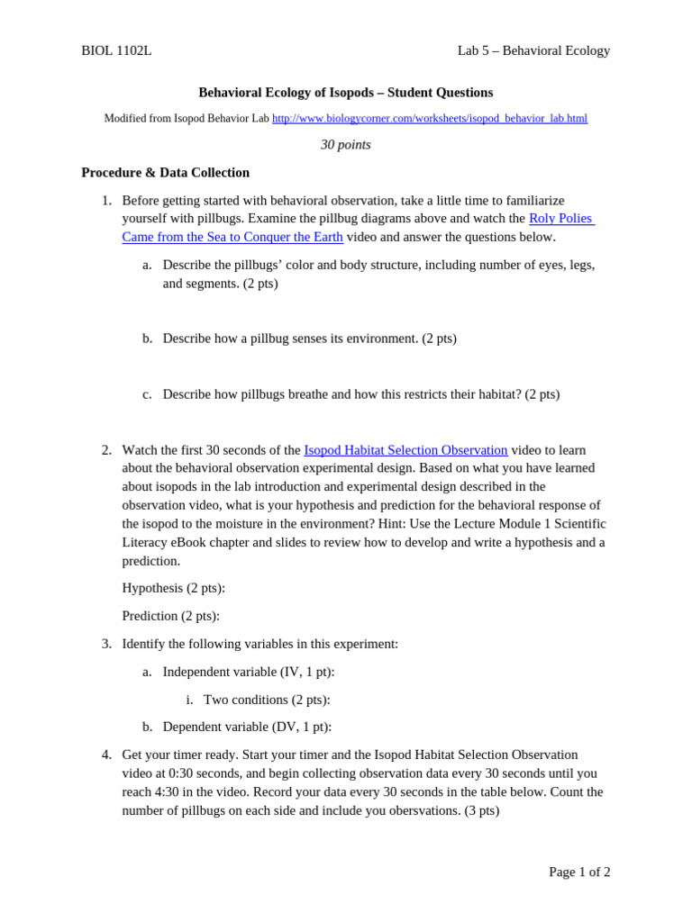 Isopod Behavioral Ecology Lab Guide | PDF | Experiment | Science