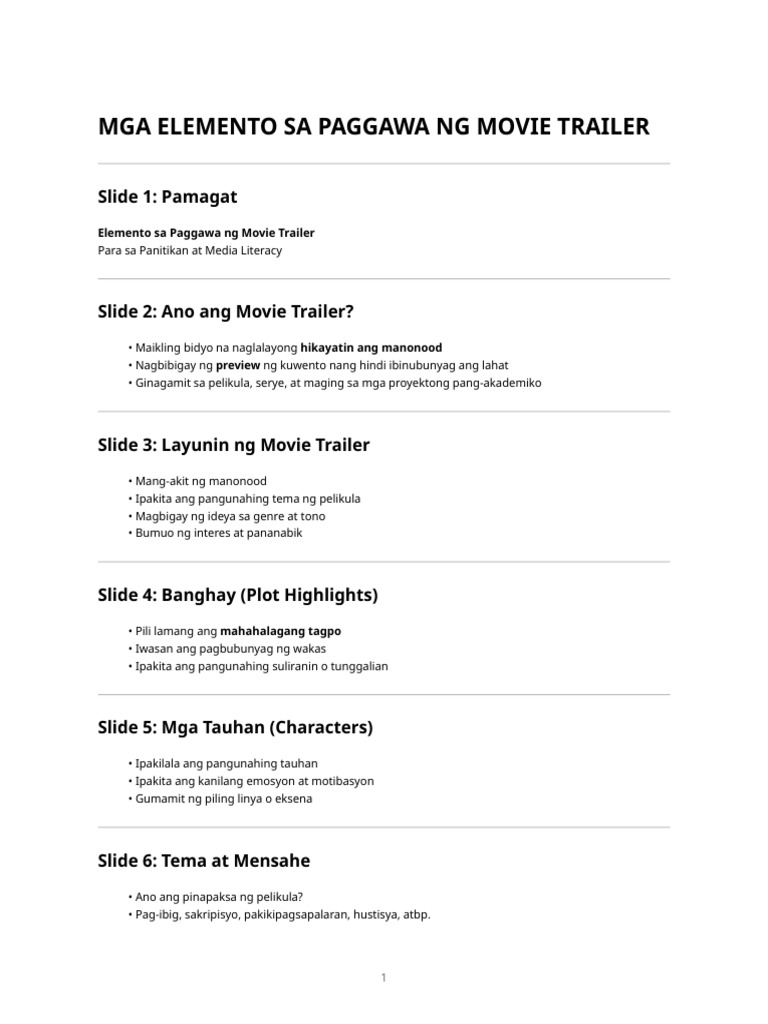 Elemento Sa Paggawa NG Movie Trailer (PPT Content) | PDF