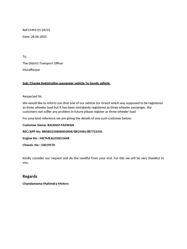 Letter to DTO for Changing Vehicle Class | PDF