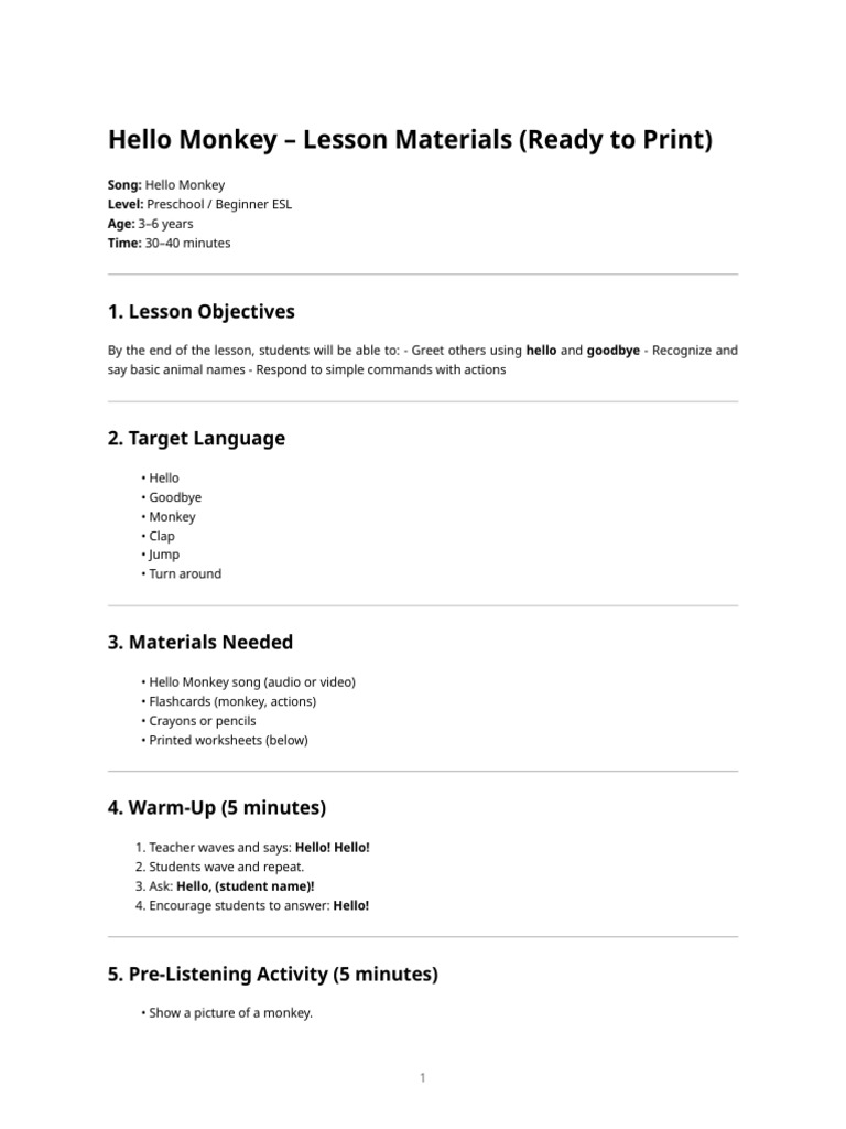Preschool ESL Lesson: Hello Monkey Activities | PDF