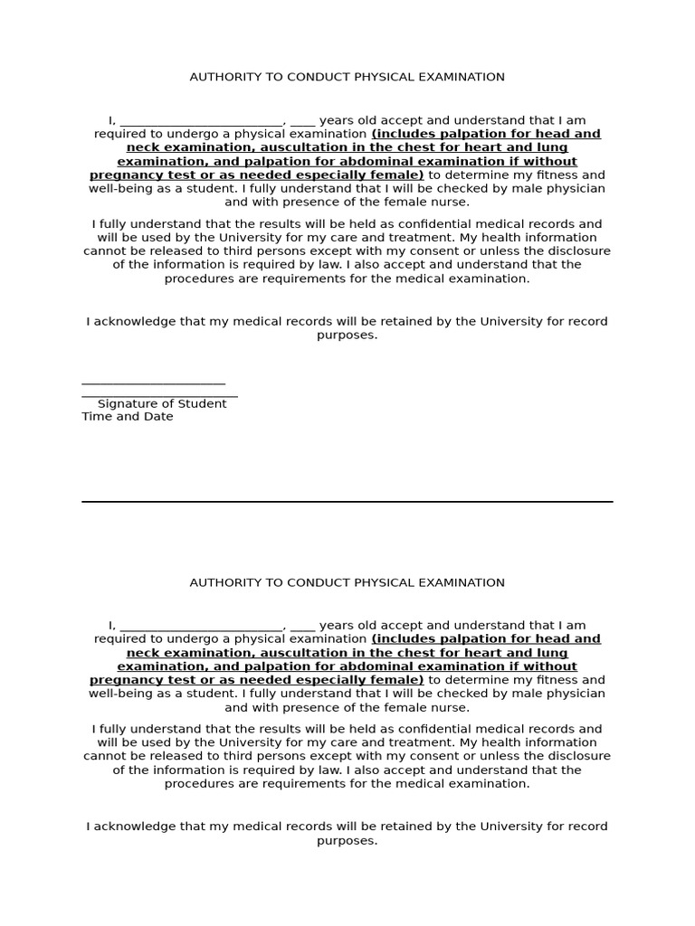 Student Physical Exam Consent Form | PDF