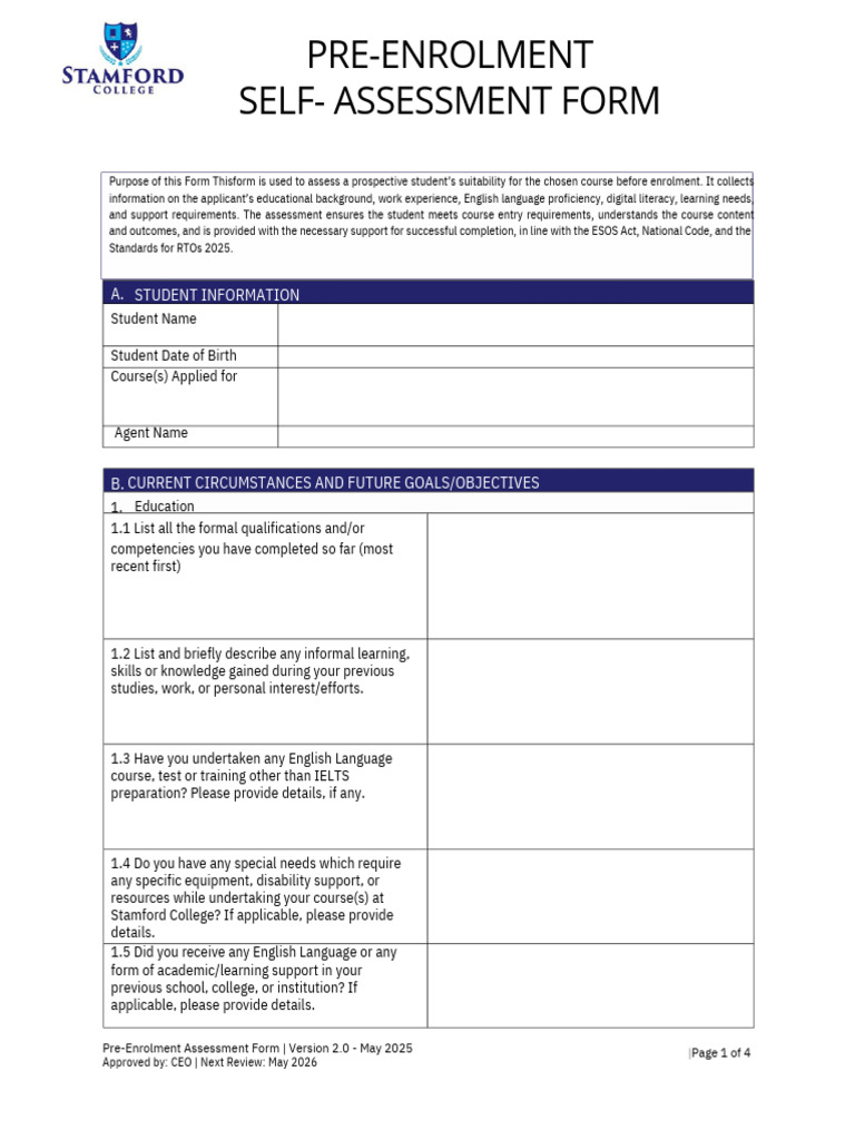 Pre-Enrolment Self-Assessment Form | PDF | Cost Of Living | Learning