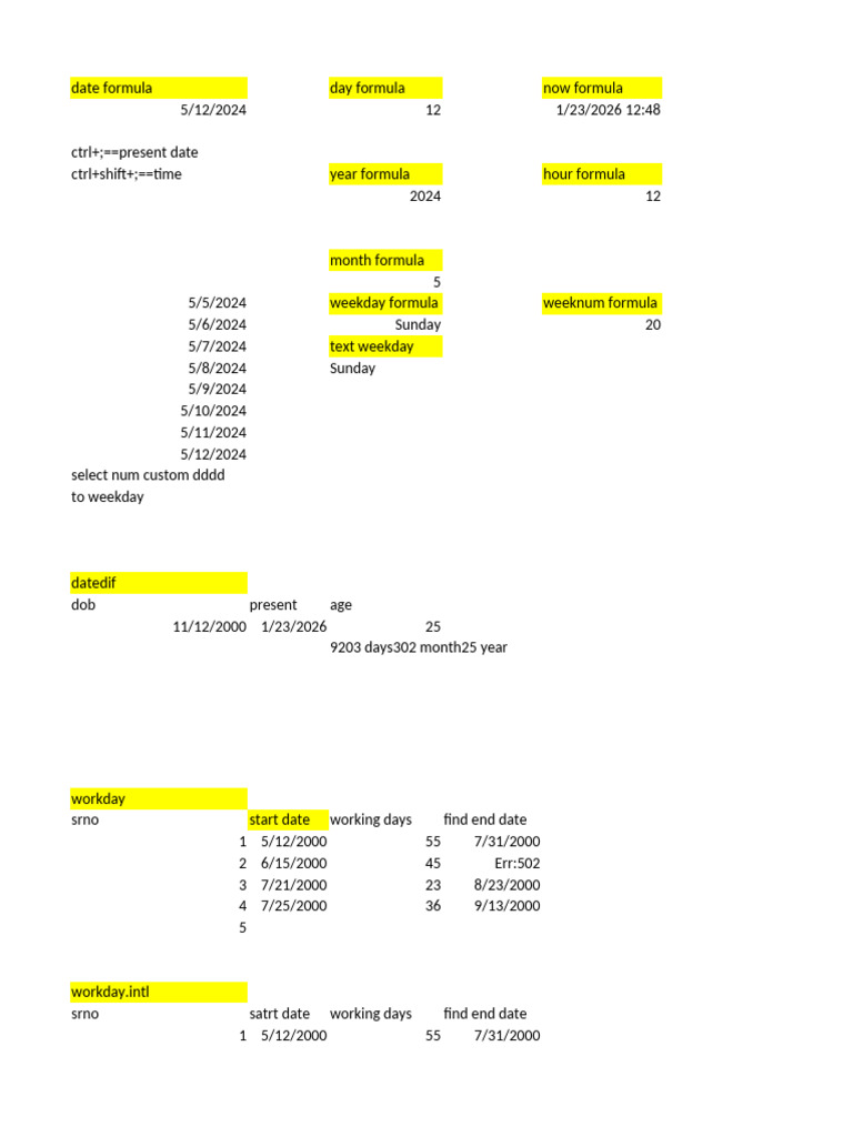 Excel Date and Time Formulas Guide | PDF | Weekly Events | Working Time