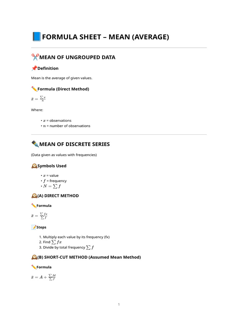 Mean Formula Sheet | PDF