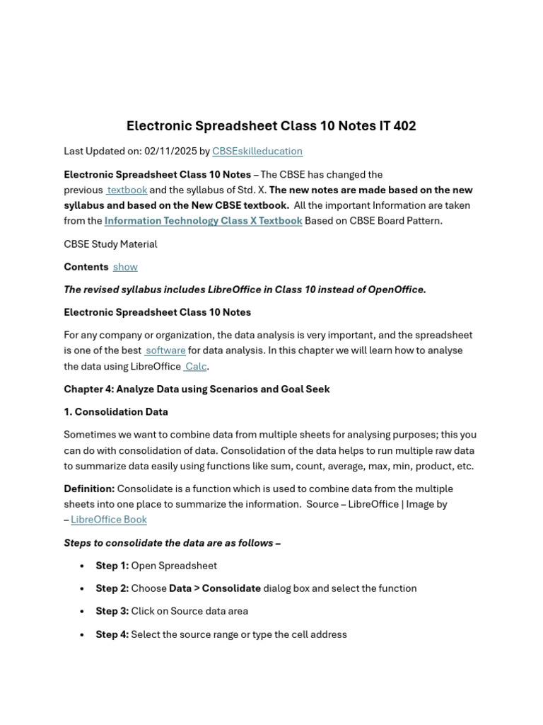 Class 10 Electronic Spreadsheet Notes | PDF | Spreadsheet | Hyperlink
