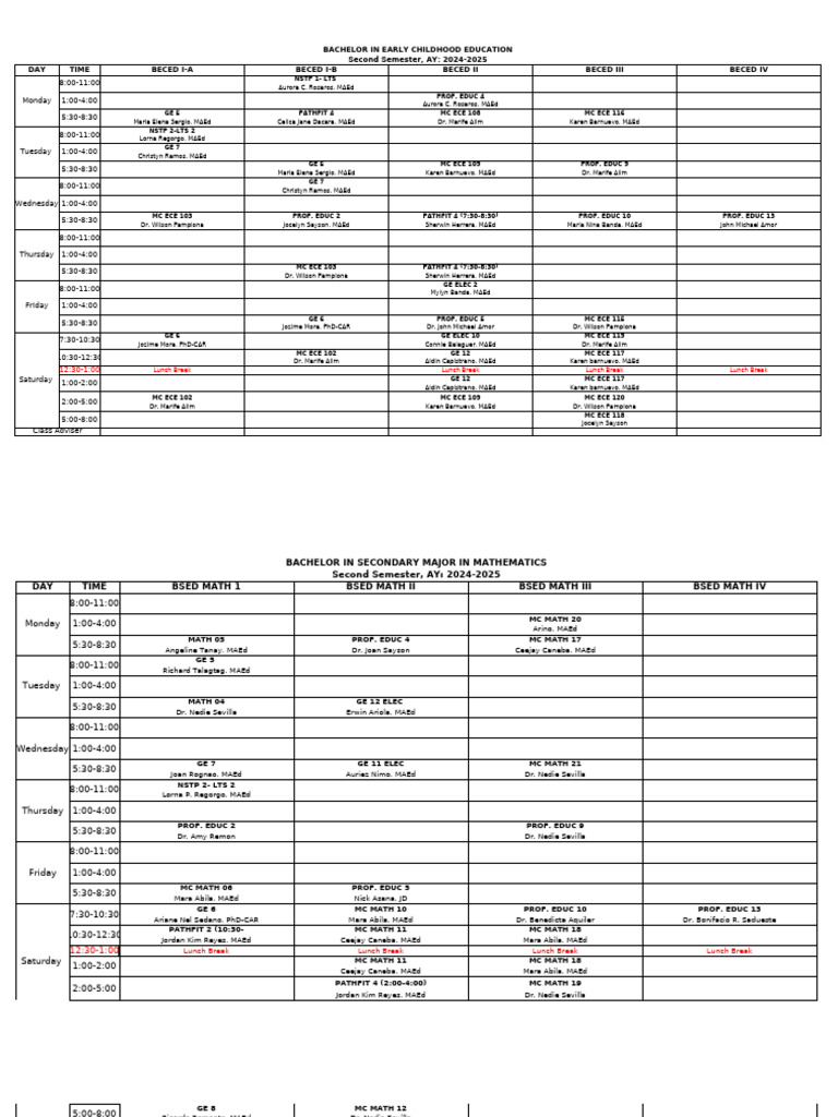 2024-2025 Semester Class Schedule | PDF
