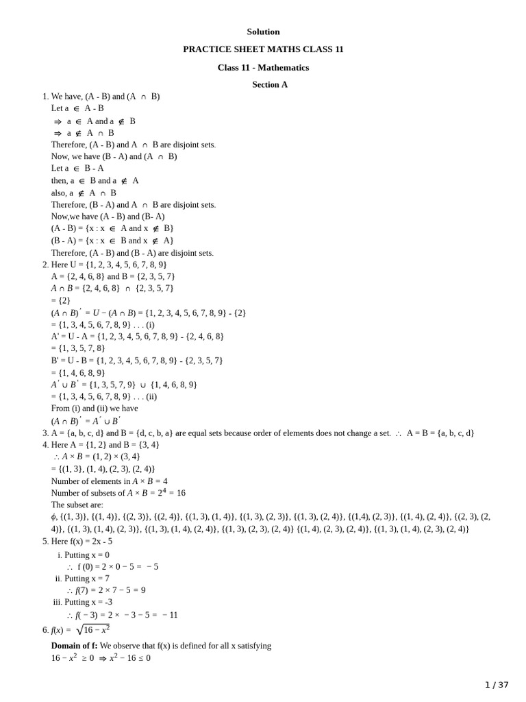 Solution-practice Sheet Maths Class 11 | PDF | Elementary Mathematics | Mathematical Objects
