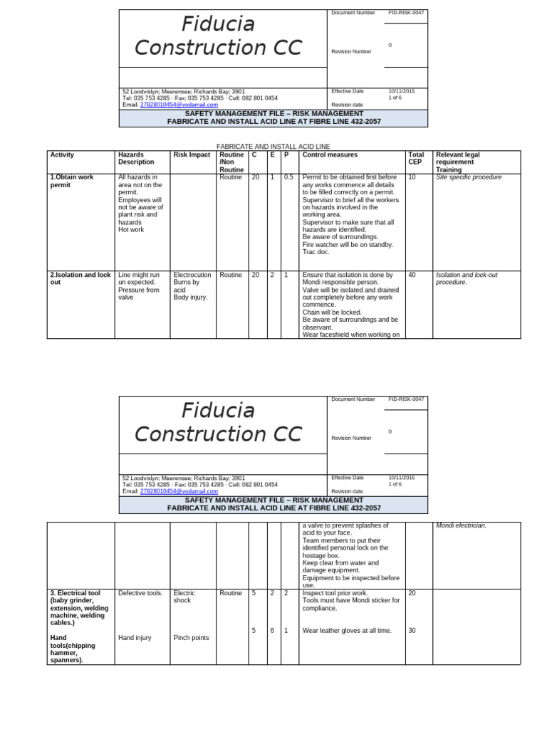 Bleach Line Risk Assessment | PDF | Welding | Construction