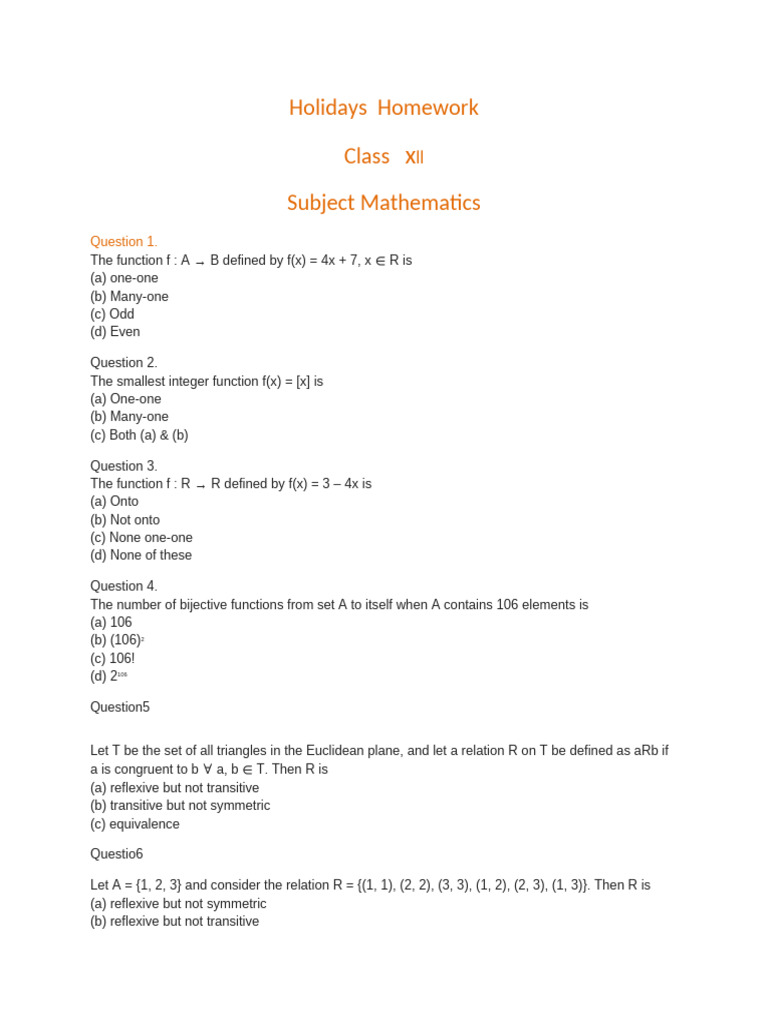 Class12 Maths Home Work | PDF | Function (Mathematics) | Elementary ...