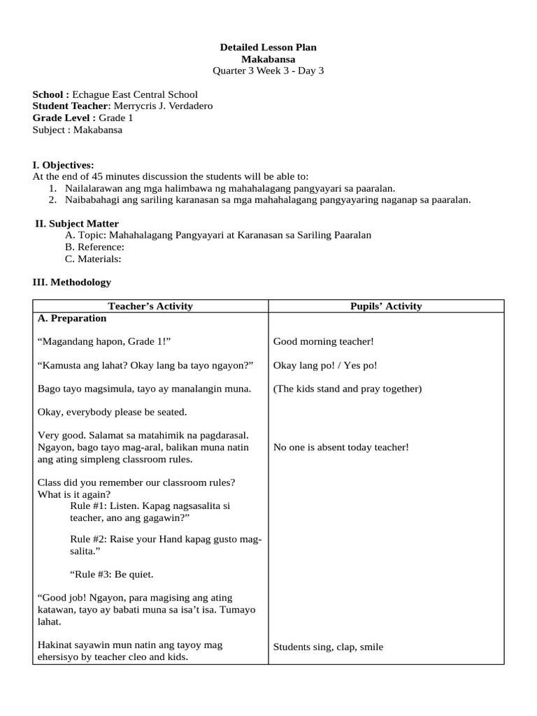 Detailed Lesson Plan Makabansa 3_091314 | PDF