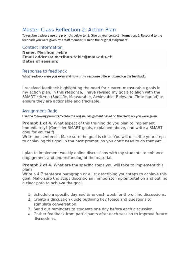 Reflection_2_Action_Plan_Resubmission_-_Word_version | PDF | Goal ...