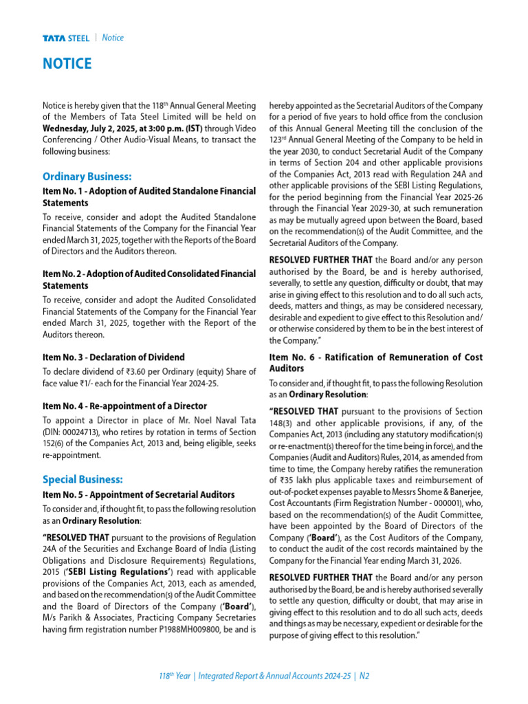 Tata Steel 118th AGM Notice 2025 | PDF | Audit | Electronic Voting