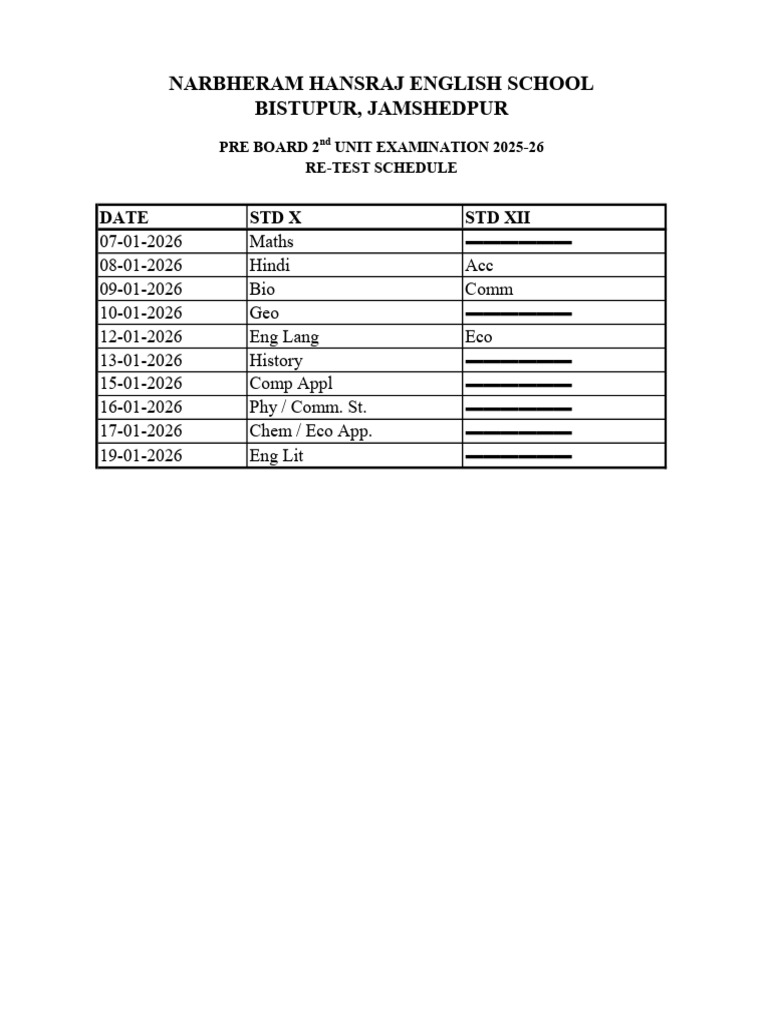 Pre Board Exam Re-Test Schedule 2026 | PDF