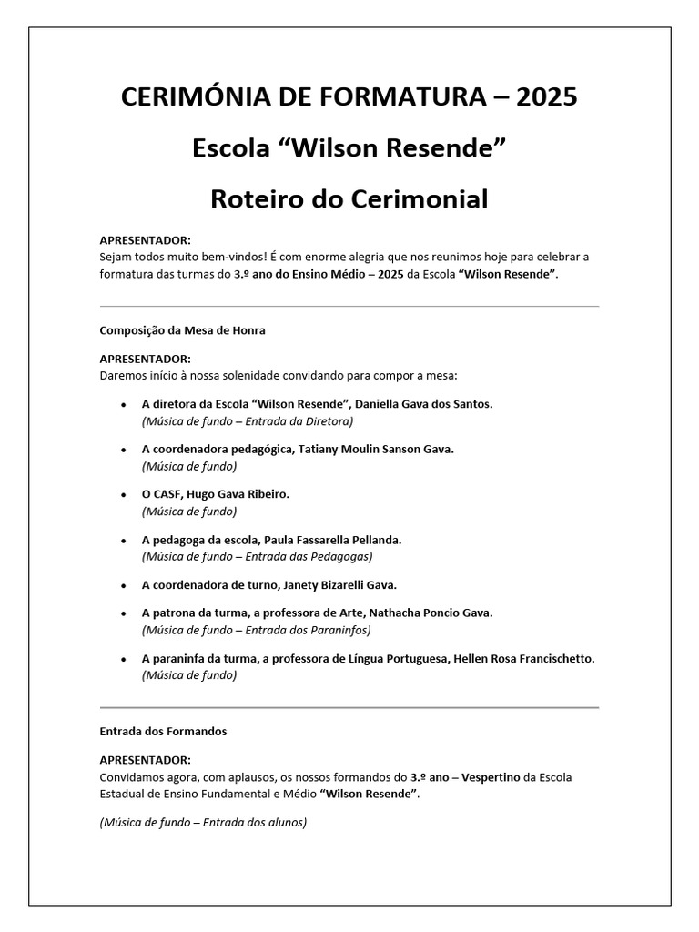 Cerimônia de Formatura 2025 - Wilson Resende | PDF
